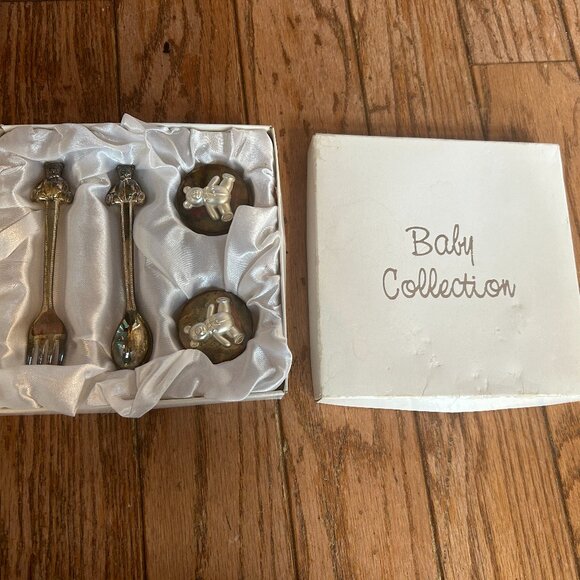 Accents | Baby Collection Trinket Box Set Silver Plate Bear Spoon Fork ...